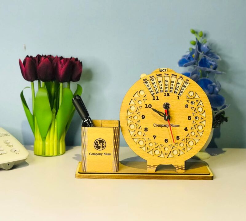 Buy Wooden Calendar with Pen Holder and Round Table Clock | All in 1 ...